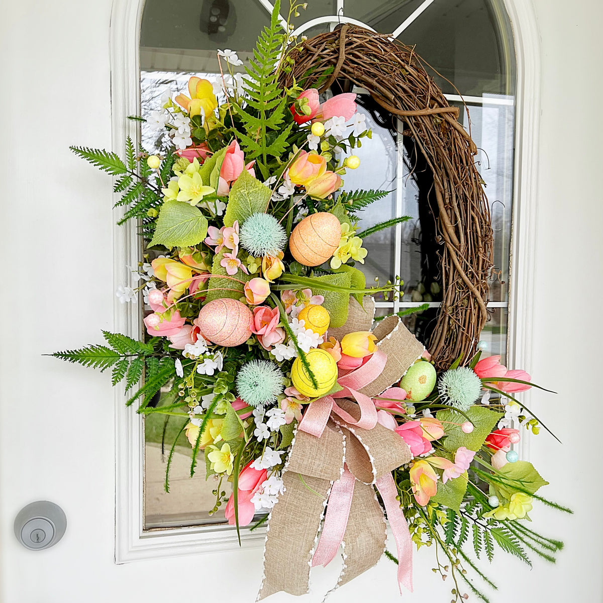Spring Wreath Summer Variegated Grass Fern Eggs Tulips Blossoms with P ...